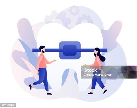 치과 중괄호 개념 치열 교정 치료 및 화장품 오돈론 작은 사람 교정과 큰 이빨 현대 플랫 만화 스타일 흰색 배경의 벡터 그림 개념에 대한 스톡 벡터 아트 및 기타 이미지