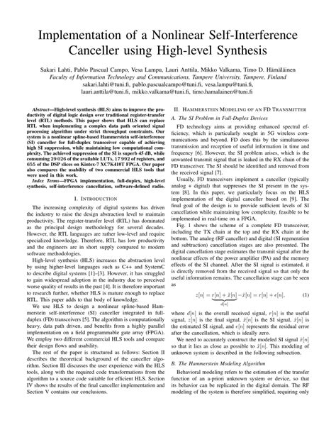 Pdf Implementation Of A Nonlinear Self Interference Canceller Using High Level Synthesis