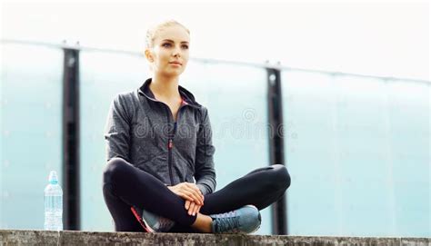 Young Fit And Sporty Brunette Girl In Sportswear Woman Doing Sports Outdoor Stock Image