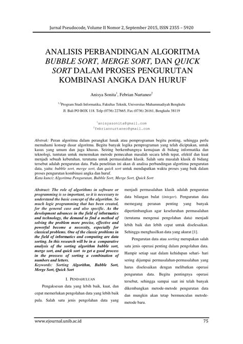 Pdf Analisis Perbandingan Algoritma Bubble Sort Merge Sort Dan