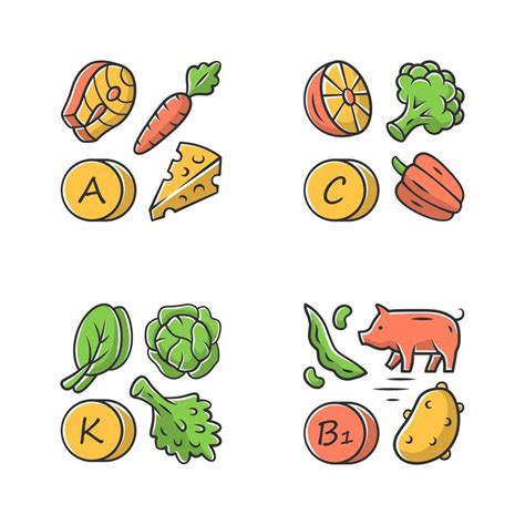 Conjunto De Iconos De Colores De Vitaminas A C B1 K Vitaminas