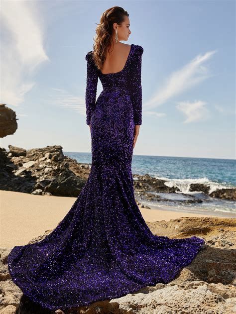 Elegant Square Neck Long Sleeve Sequin Mermaid Prom Gown Faeriesty