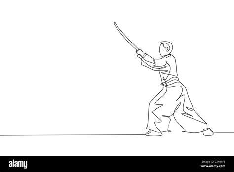 Single Continuous Line Drawing Of Young Sportive Man Wearing Kimono