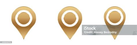 three golden map pointer icons in a horizontal alignment with circular