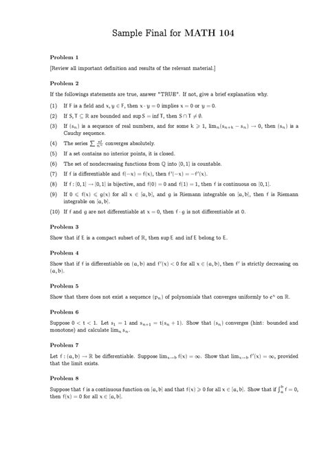 Sample Final Exam Introduction To Analysis Math 104 Docsity