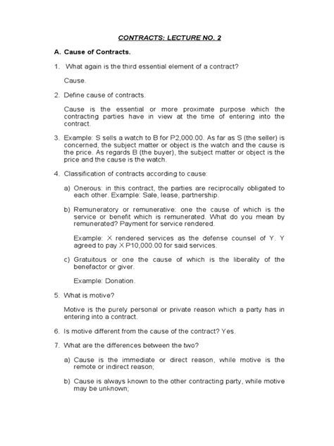 Essential Elements And Forms Of Contracts Distinguishing Cause From Motive Pdf Will And