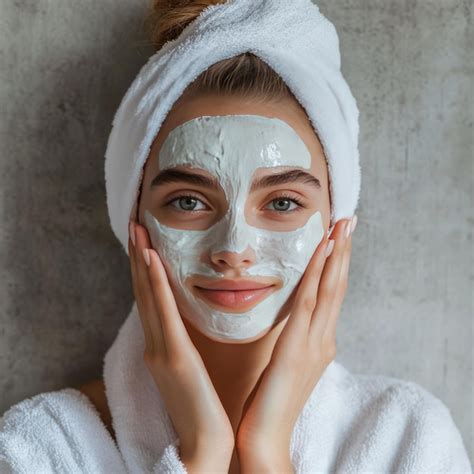 Woman With A White Clay Face Mask Looking At The Camera Smiling