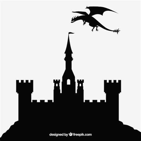 Silueta de castillo con dragón volando Vector Premium