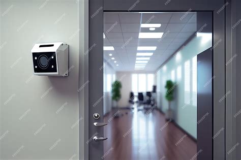 Premium Ai Image Security Camera In Office Hallway With View Of Doors