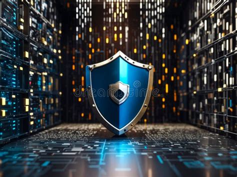 Cyber Shield Padlock To Protect Cybersecurity Vulnerability Malware Concept In A Server Room