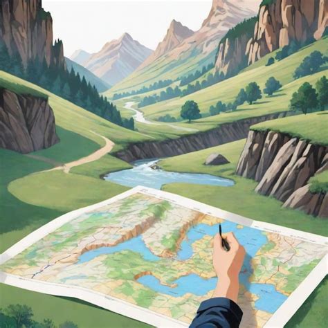 Person Discovering A Hidden Valley Using A Map Detailed Vector Set