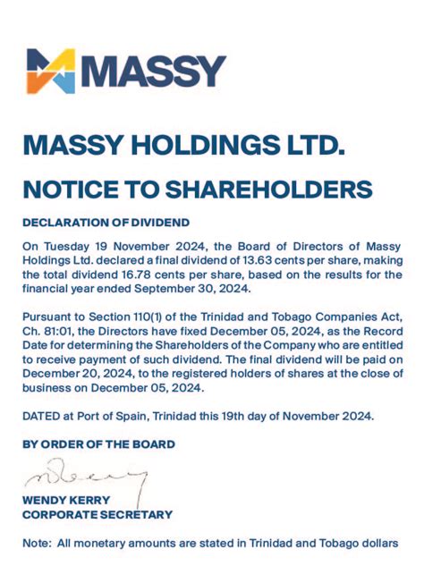 Declaration Of Final Dividend Massy Group