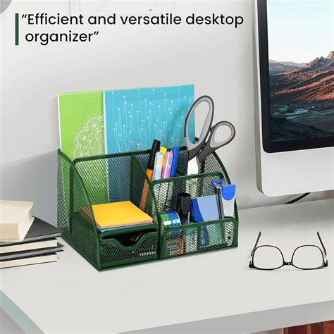 6 Compartments Metal Mesh Desk Organizer With Drawer Table Top