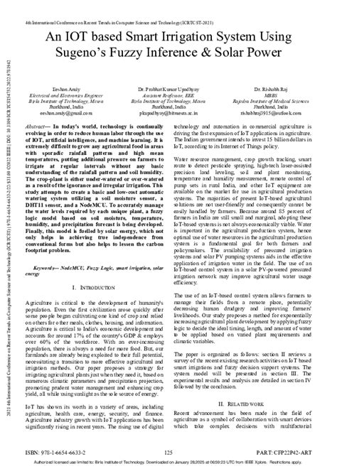 Pdf An Iot Based Smart Irrigation System Using Sugenos Fuzzy