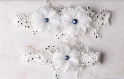Blue Swarovski Pearl Wedding Garter Set White Corsage With Etsy