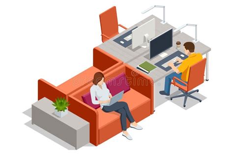 An Isometric Vector Illustration Of A Coworking Space With A Man Working At A Desk And A Woman