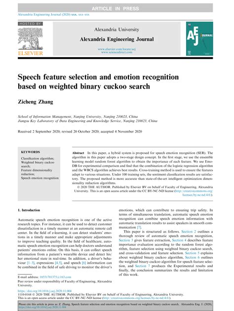 Pdf Speech Feature Selection And Emotion Recognition Based On Weighted Binary Cuckoo Search