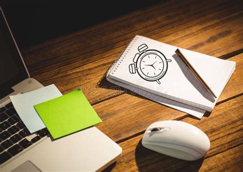 Clock Drawing Of Time On Notepad With Laptop Stock Image Image Of People Paper