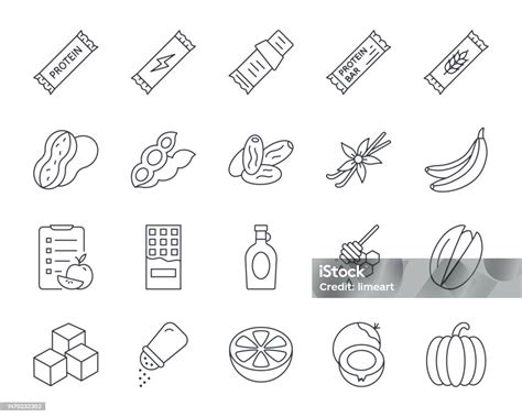 단백질 바 및 재료 아이콘 편집 가능한 스트로크 벡터 선 아이콘 세트입니다 견과류 밀 꿀 코코넛 초콜릿 파이 레시피 설탕 나트륨 날짜 바닐라 메이플 시럽 호박 감귤류 오렌지