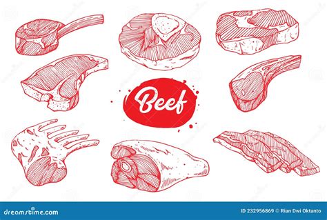 Beef Meat Illustration With Outline Art Stock Vector Illustration Of