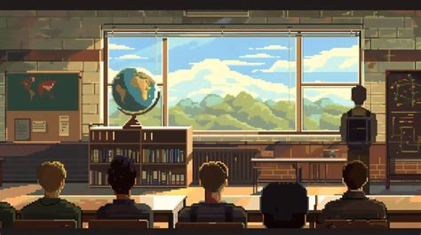 A Pixel Art Illustration Of A Classroom With Students Listening To A
