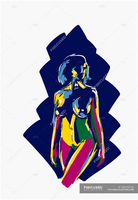 Vector Illustration Of Naked Fit Female With Colorful Body Against Blue Background Model