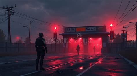 Tense Border Checkpoint With Red Alert Lights At Dusk Stock