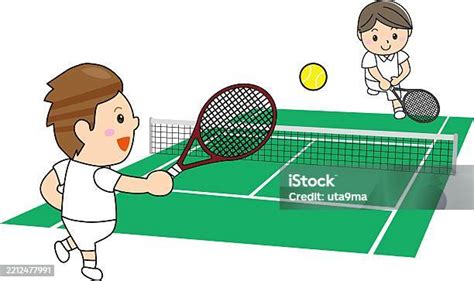 녹색 코트에서 흰 유니폼을 입고 테니스를 치는 젊은 선수들 일러스트 자료 Championship에 대한 스톡 벡터 아트 및 기타 이미지 Istock