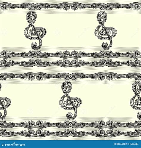 Seamless Pattern With Treble Clef Notes Musical Stanza In Zen Tangle