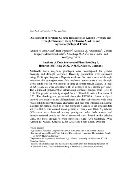 Pdf Assessment Of Sorghum Genetic Resources For Genetic Diversity And