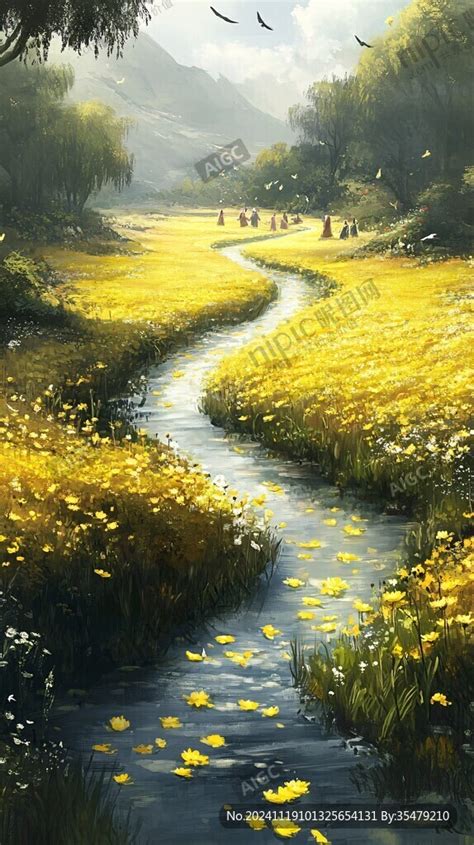 Ai创作图唯美梦幻花田场景 唯美花田场景 风景厚涂 古风场景春暖花开 插画风景画 风景场景插画 草地野花河流 开满鲜花的小河 春之风影治愈系小