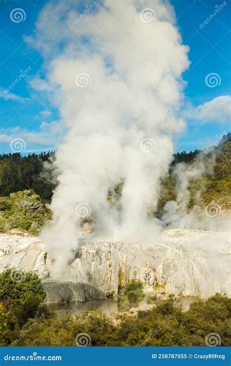 Geothermal Volcanic Park With Geysers And Hot Streams Scenic Landscape