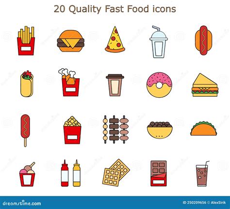 20 Colour Fast Food Icons Pixel Perfect Icon Stock Vector