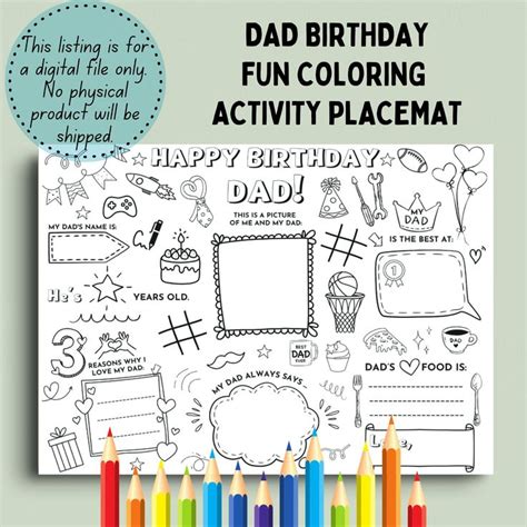 Happy Birthday Dad Coloring Page Activity Placemat Daddy Birthday Coloring Card From Kid