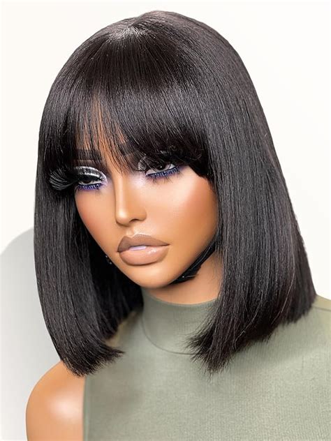 Luvme Hair 10 Inch Light Yaki Straight Bob Wig With Bangs Human Hair Realistic Hd
