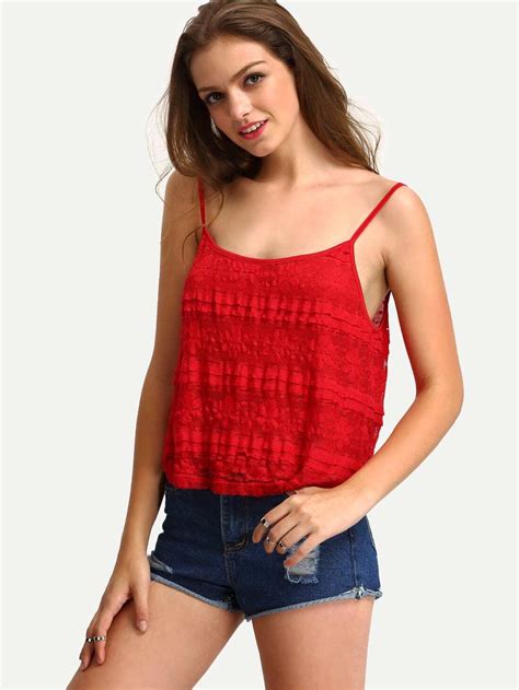 Red Scoop Neck Lace Tank Top Sheinsheinside