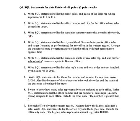 Solved Q Sql Statements For Data Retrieval Points Chegg