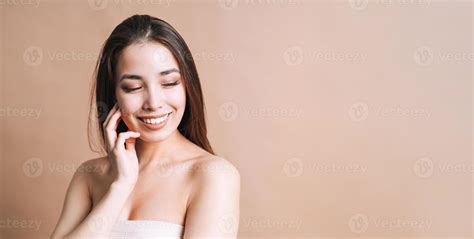 Beauty Nude Portrait Of Happy Young Beautiful Asian Woman With Healthy