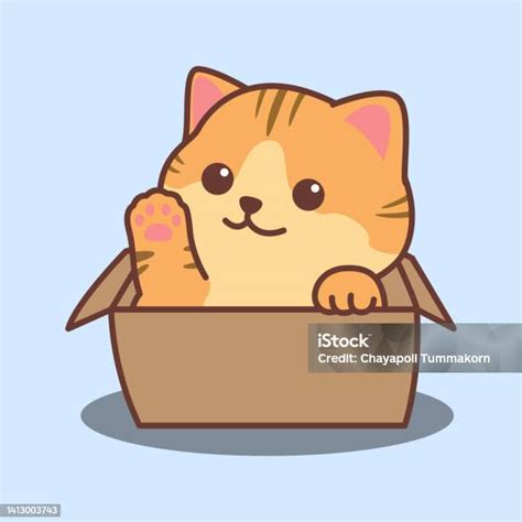 상자 만화에서 발을 흔드는 귀여운 오렌지 고양이 벡터 일러스트레이션 가축에 대한 스톡 벡터 아트 및 기타 이미지 가축 갈색