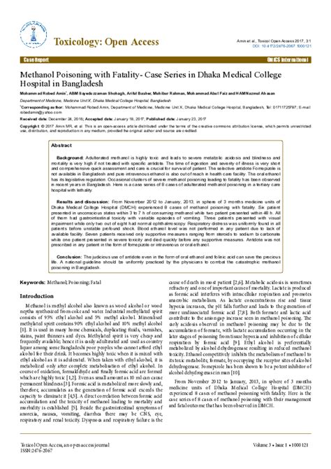 Pdf Methanol Poisoning With Fatality Case Series In Dhaka Medical