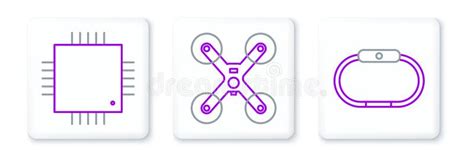 Set Line Smartwatch Processor With Microcircuits Cpu And Drone Flying Icon Vector Stock