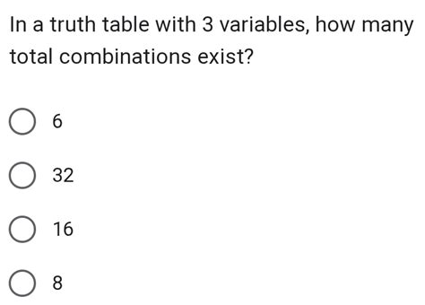 Solved In A Truth Table With 3 Variables How Many Total Combinations Exist 6 32 16 8 [math]