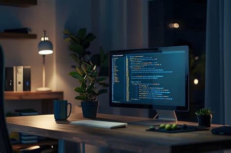 Modern Workspace With Desktop Computer And Code Display Ideal For