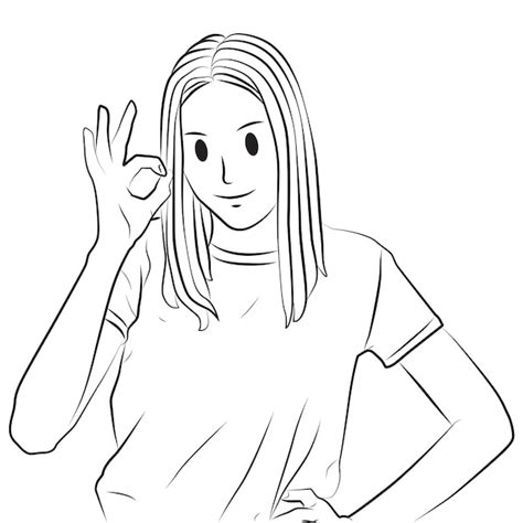 Femme Satisfaite Optimiste Montrant Ok Signe Dessin Au Trait Contour