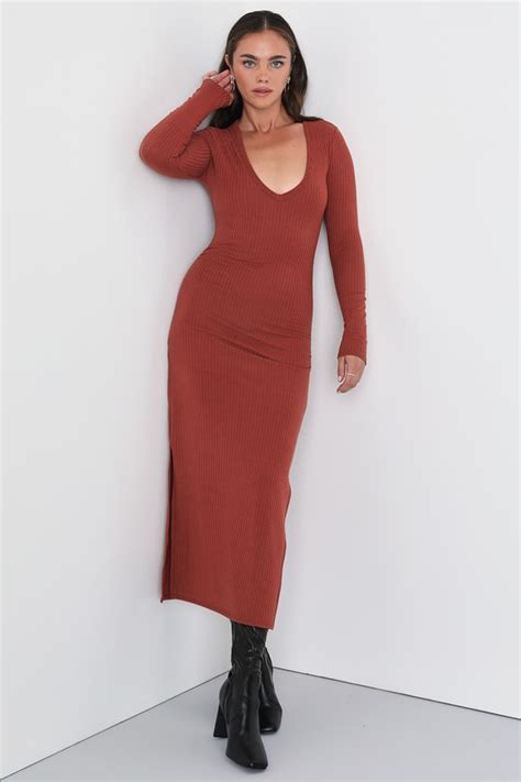 Rust Bodycon Dress Textured Midi Dress Long Sleeve Midi Dress Lulus
