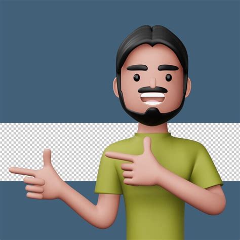 측면을 가리키는 행복 흥분된 남자 귀여운 만화 캐릭터 3d 렌더링 프리미엄 Psd 파일
