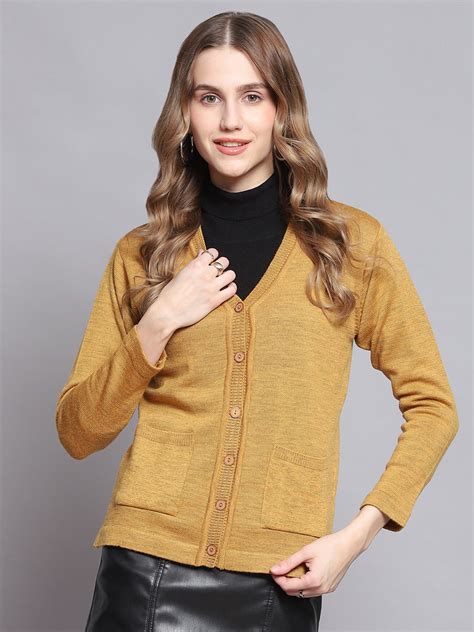 Buy Women Yellow Solid V Neck Full Sleeve Cardigans Online In India