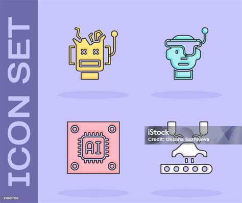 공장 내 로봇 팔 설정 고장난 미세 회로가 있는 프로세서 Cpu 및 스마트 안경 아이콘 벡터 Cpu에 대한 스톡 벡터 아트 및 기타 이미지 Istock