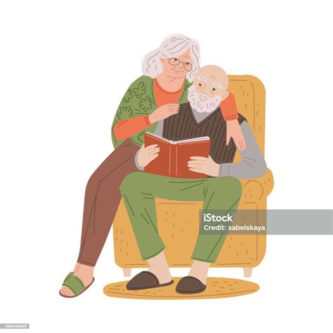 만화 조부모님은 사랑스러운 포옹과 아늑한 의자에서 책을 읽고 행복하게 함께 시간을 보내고 벡터 낙서 삽화 가족에 대한 스톡 벡터 아트 및 기타 이미지 Istock