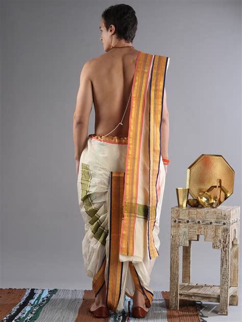 Dhoti And Angavastram Set With Woven Bootis On Border In Multicolor